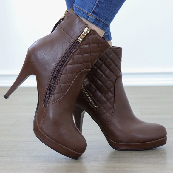 Shoes | Brown Quilted Platform High Heel Ankle Boots | Poshmark
